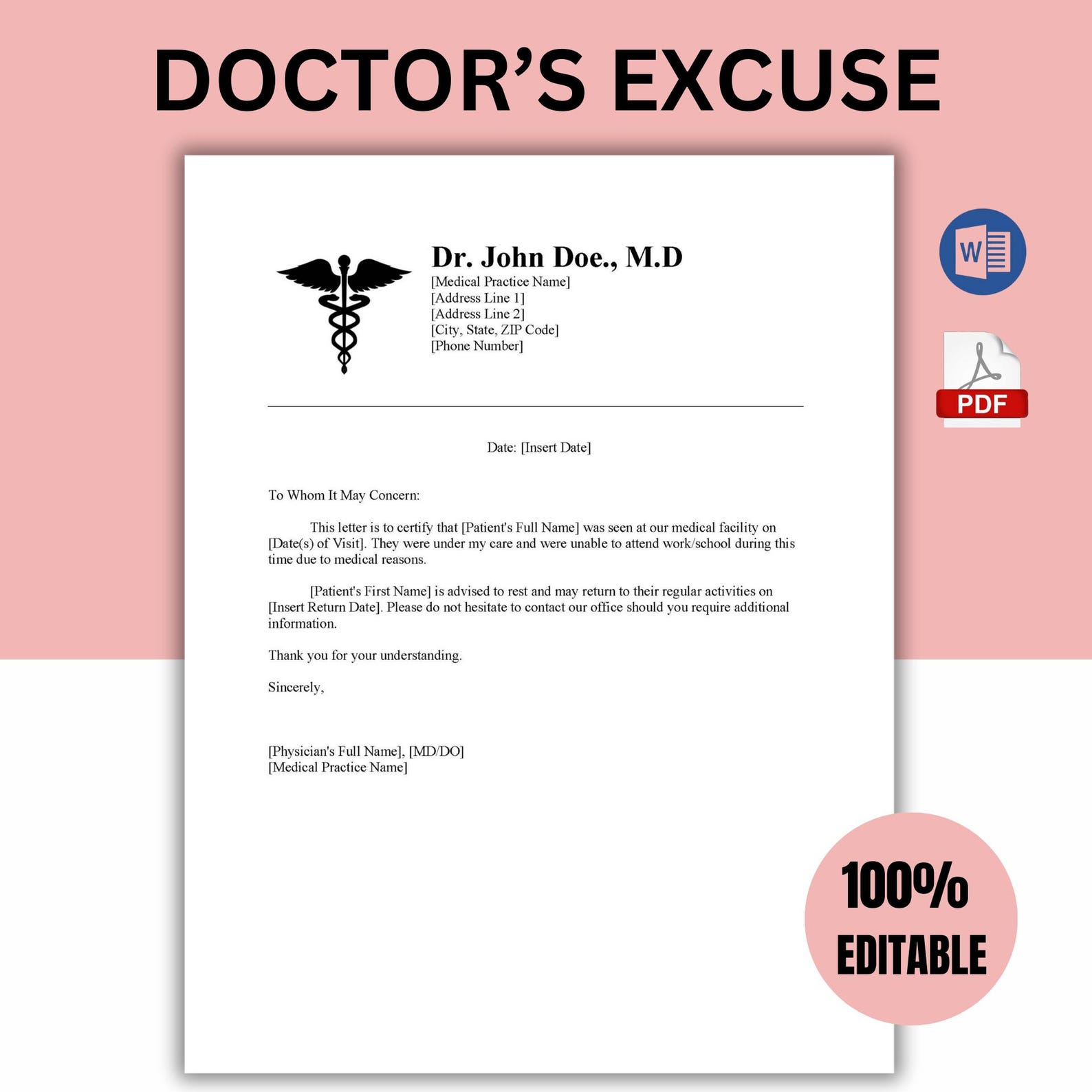 Printable Doctor's Excuse Template: Editable Work/school Note (PDF ...