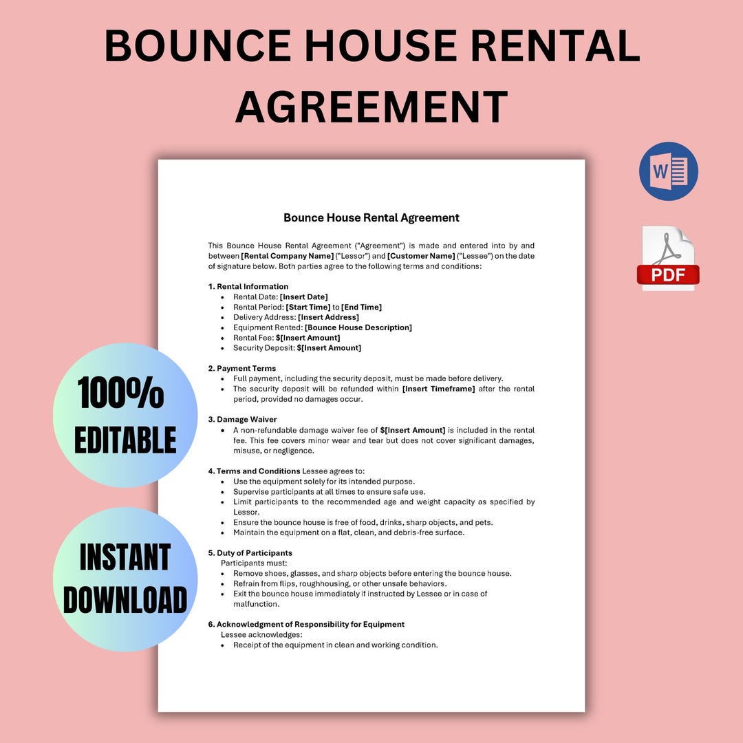Bounce House Rental Contract Agreement Template | 2 Pages Editable PDF ...