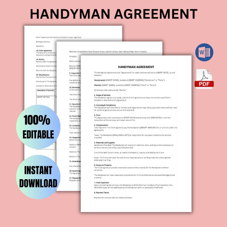 Editable Handyman Agreement Template | PDF & MS Word | Printable ...
