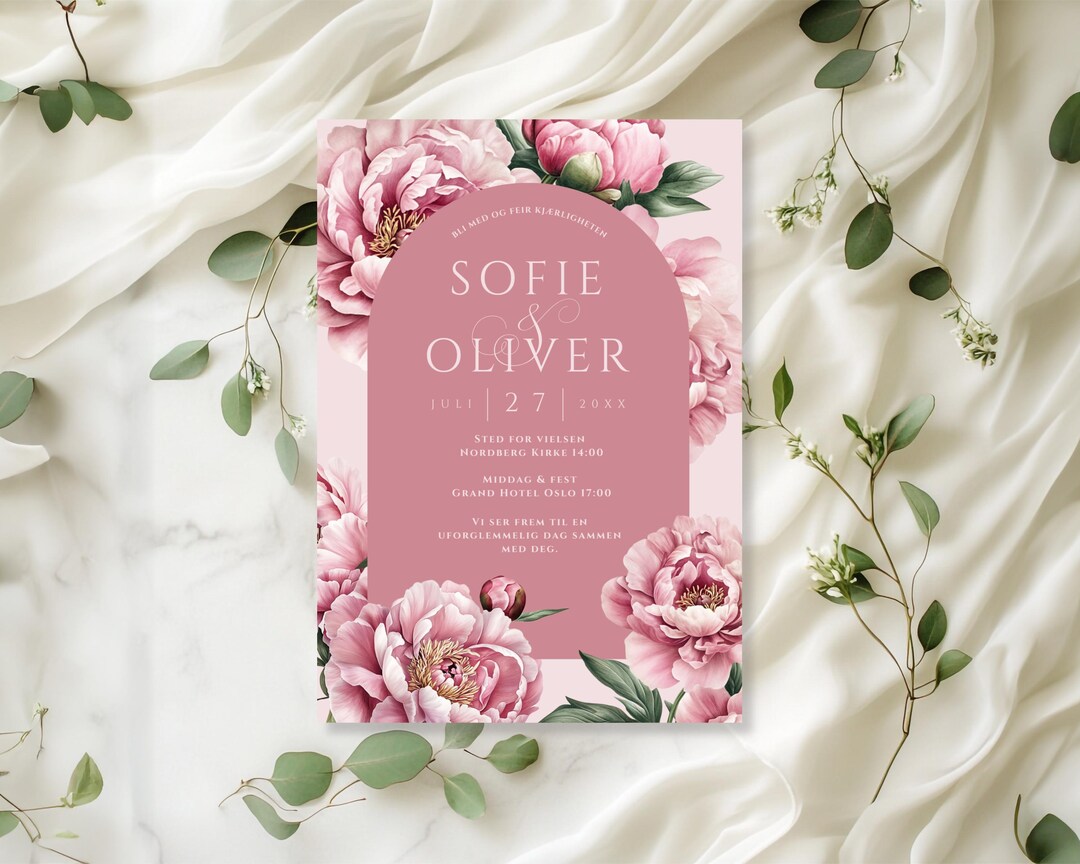 Bryllupsinvitasjon Canva Mal – Vintage Blomsterstil Med Rosa Peoner, Redigerbar ...