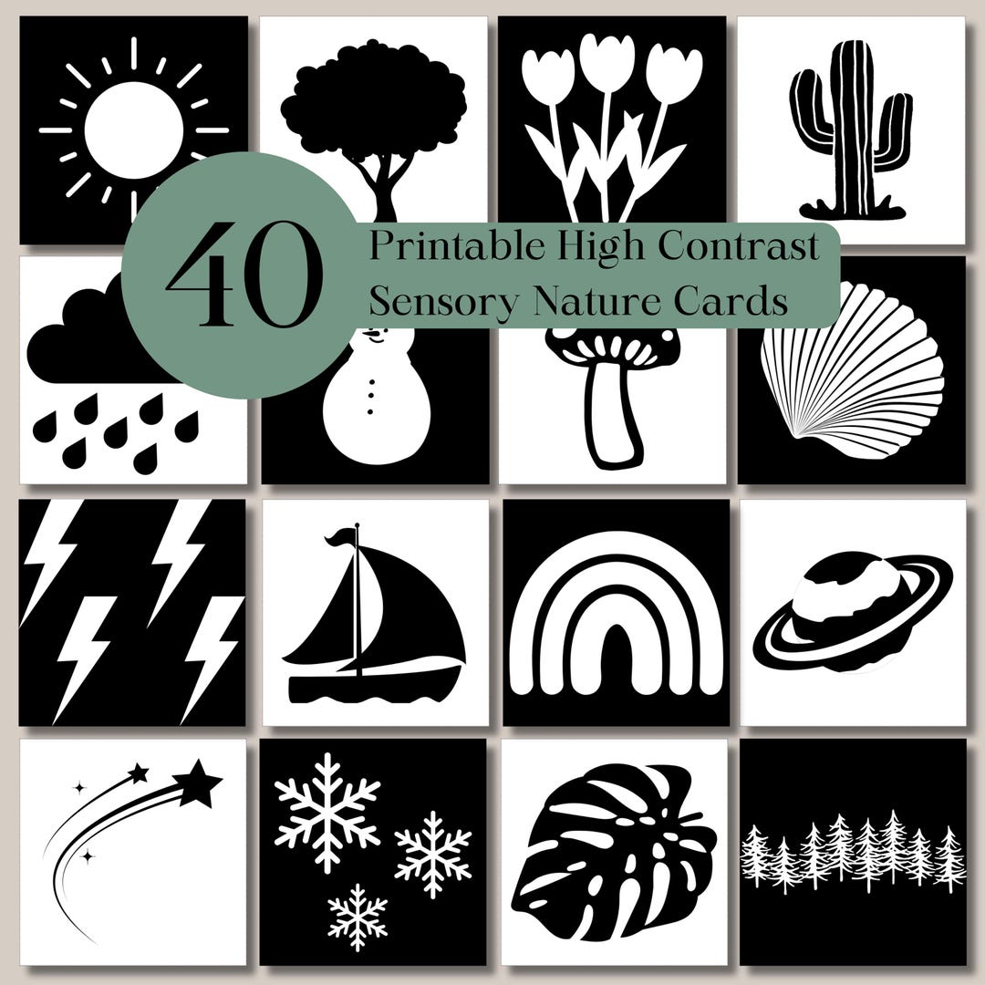 40 High Contrast Nature Sensory Cards for Babies and Infants, Black and ...