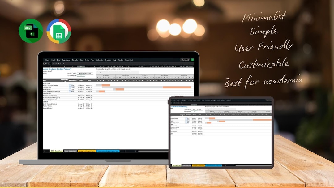 Graduate Research Gantt Chart | Spreadsheet | Annual Timeline Thesis ...