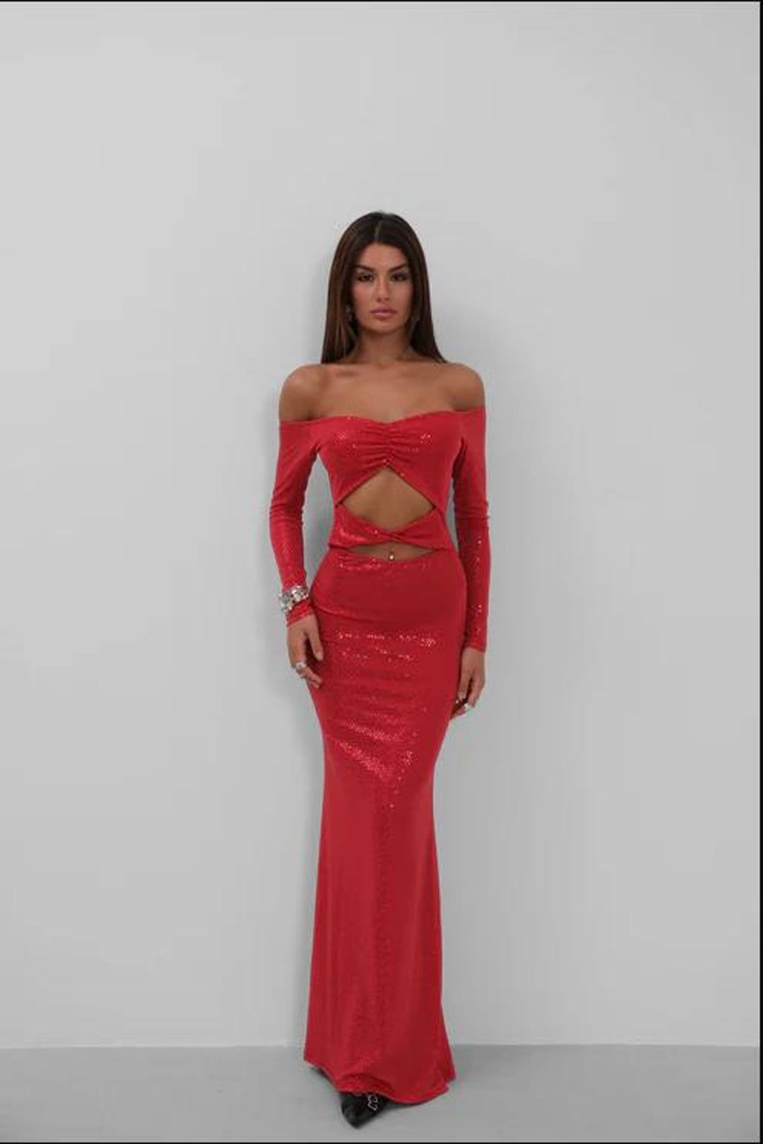 Sparkling Off-shoulder SILVER Maxi Dress With Waist and Midriff Cutouts ...