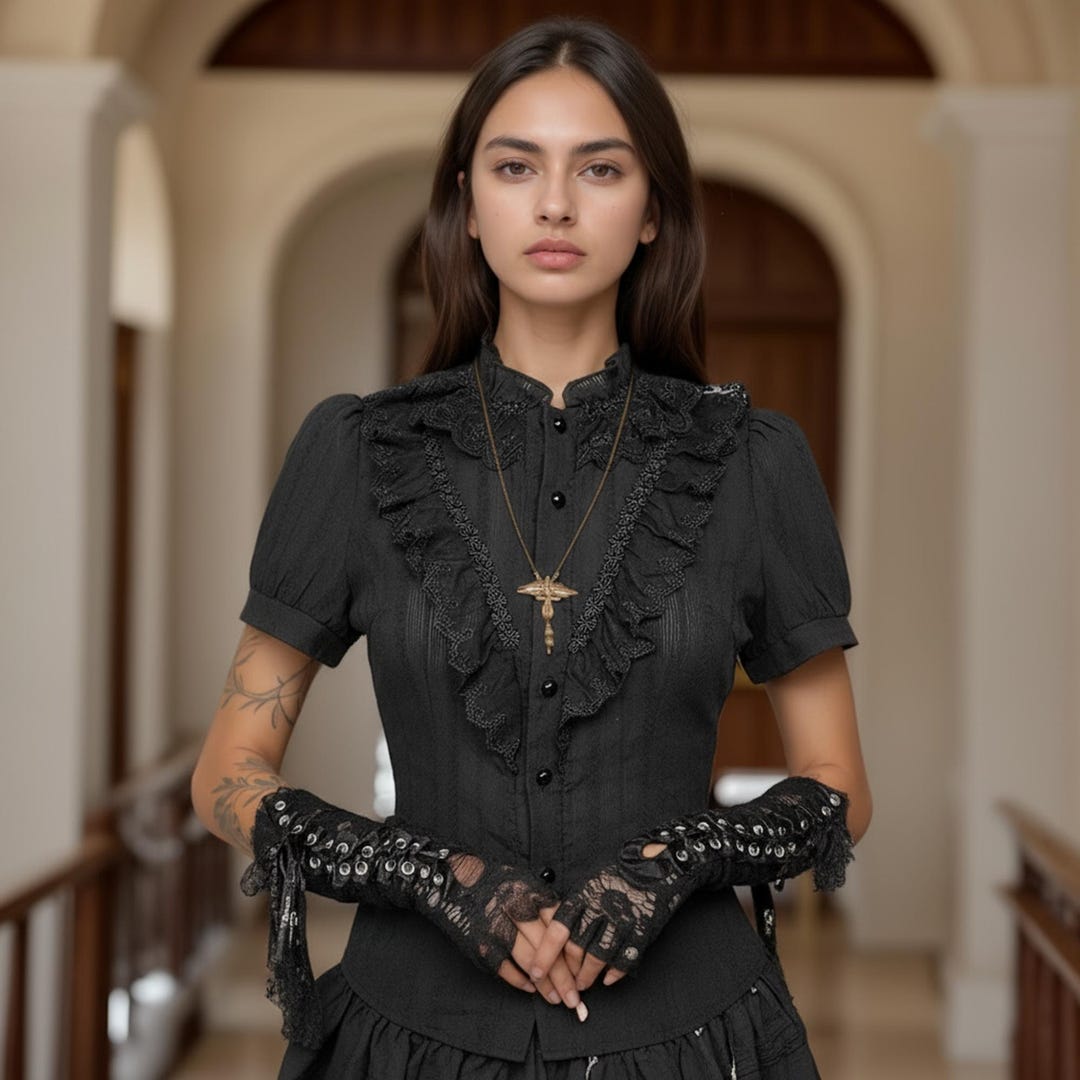 Gothic Victorian Lace Blouse for Her | Black Ruffle Top for Witchy ...