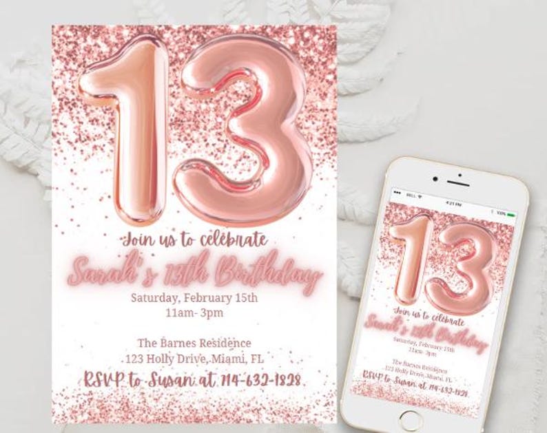 Editable Rose Gold 13th Birthday Invitation Template Glitter Birthday ...
