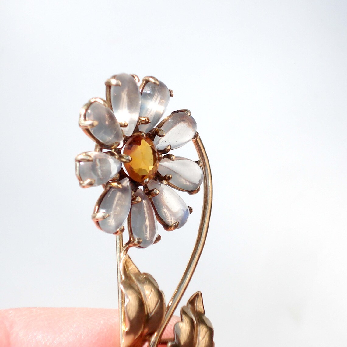 Vintage 14k Gold Moonstone Flower Brooch | Etsy