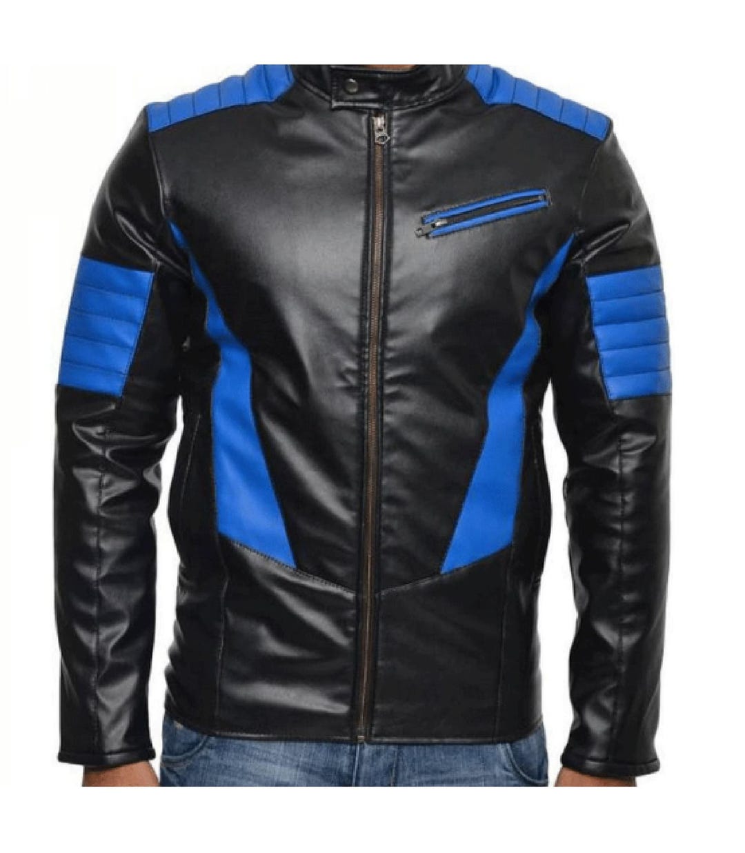 Men's Blue-black Design Leather Biker Jacket - Etsy