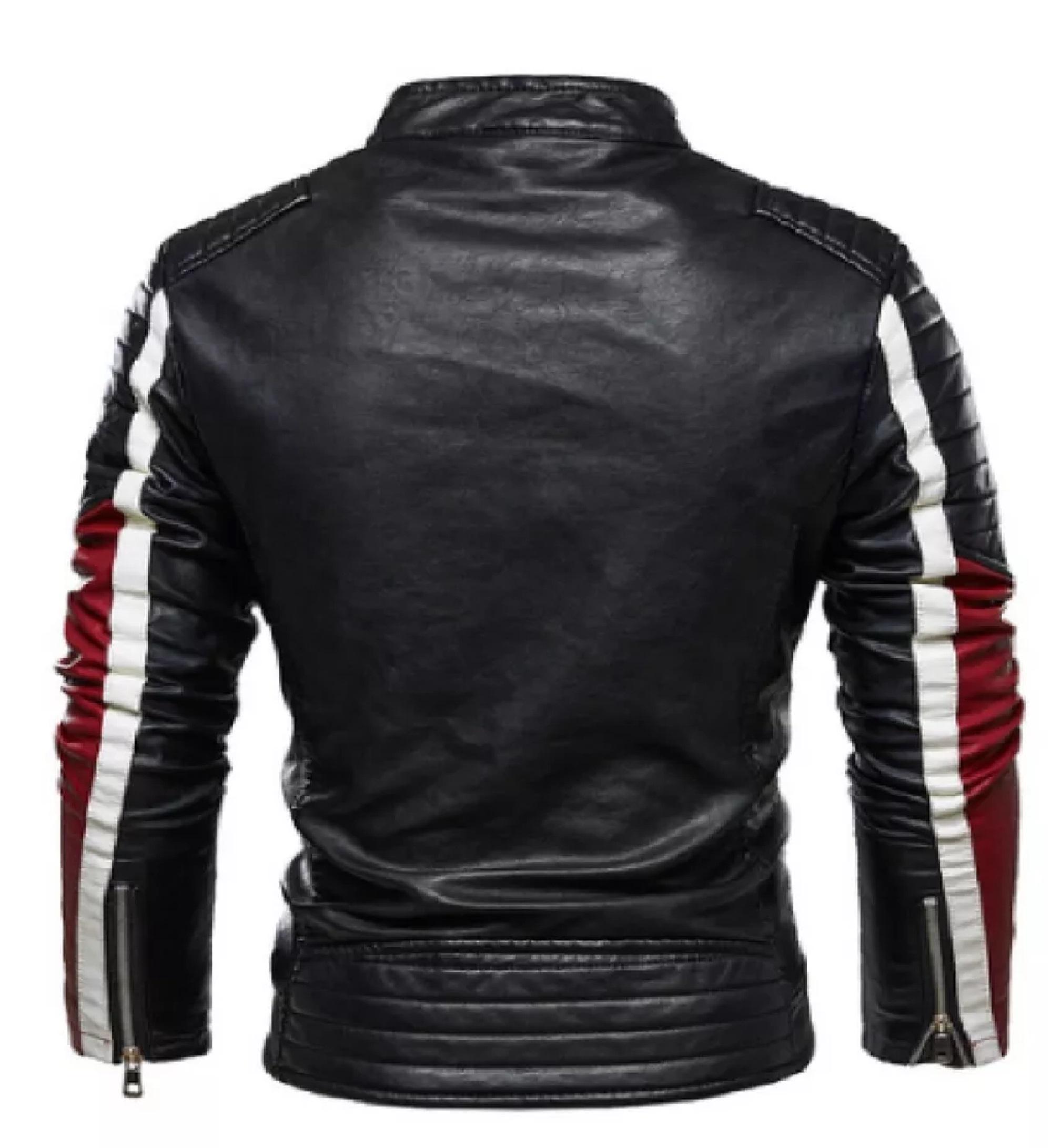Café Racer Motorcycle Jacket Slim Patchwork Biker Jacket Red-black for ...
