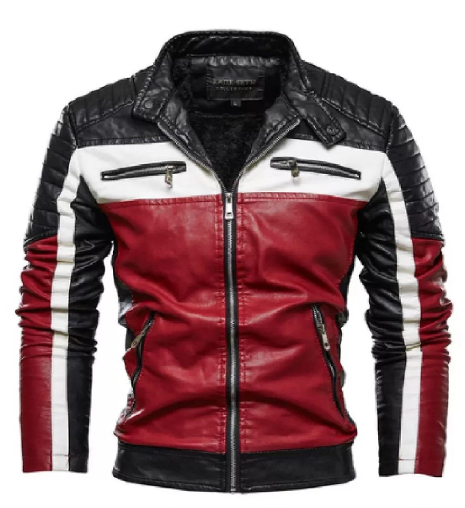 Café Racer Motorcycle Jacket Slim Patchwork Biker Jacket Red-black for ...