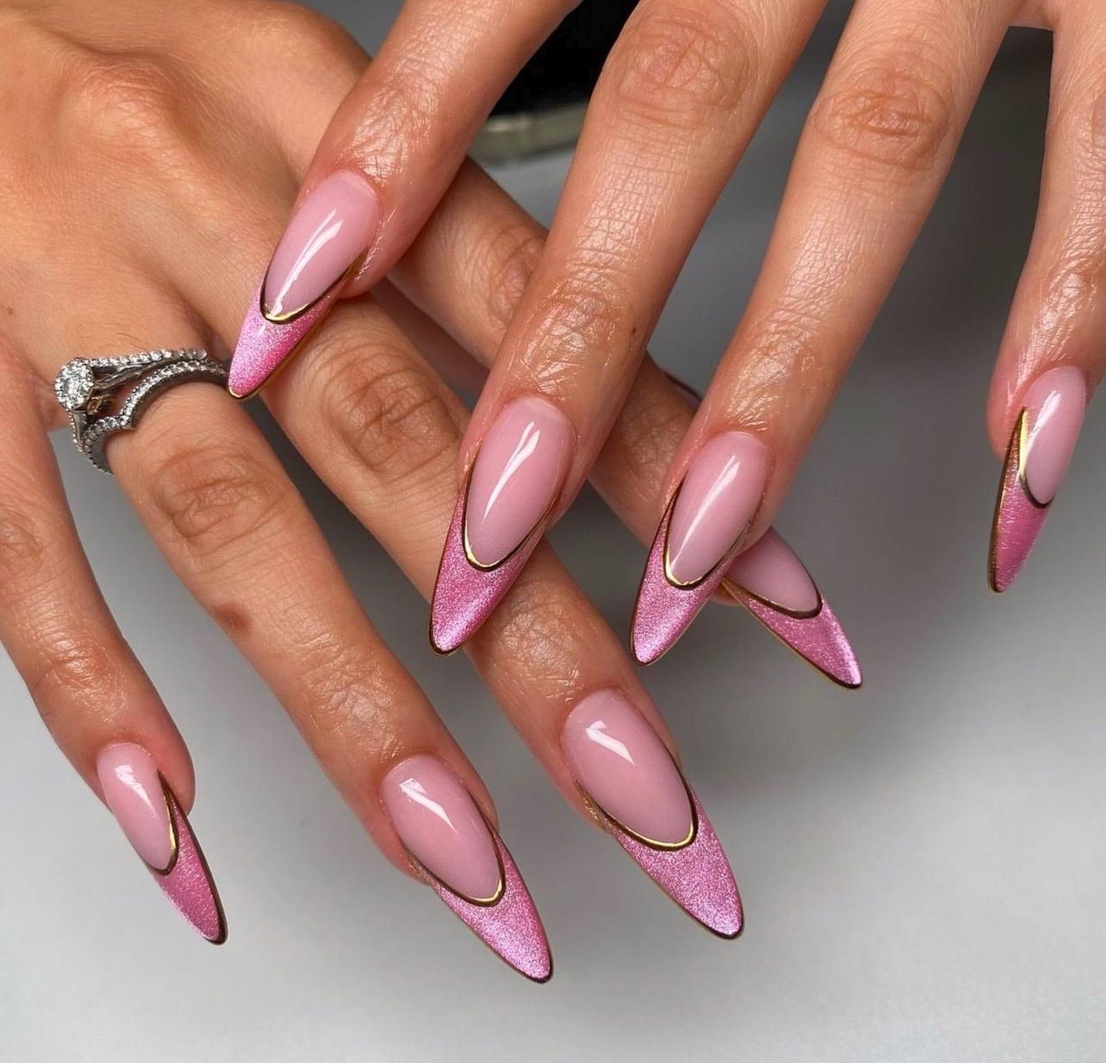Pink Cat Eye French Tip Nails With Gold Outline | Acrylic Presson Nails ...