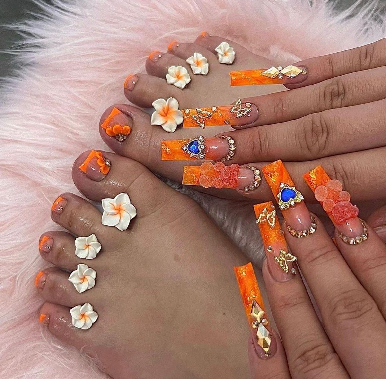 Matching Orange Marble Toes and Nails With 3D Flowers and Rhinestones ...
