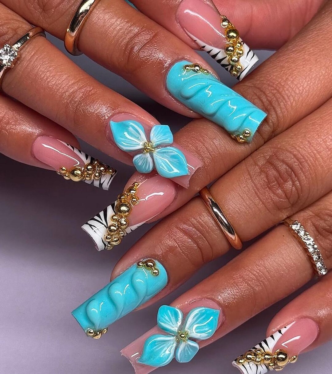 Baby Blue 3D Nail Art With Animal Print French Tips and Gold Pearls ...