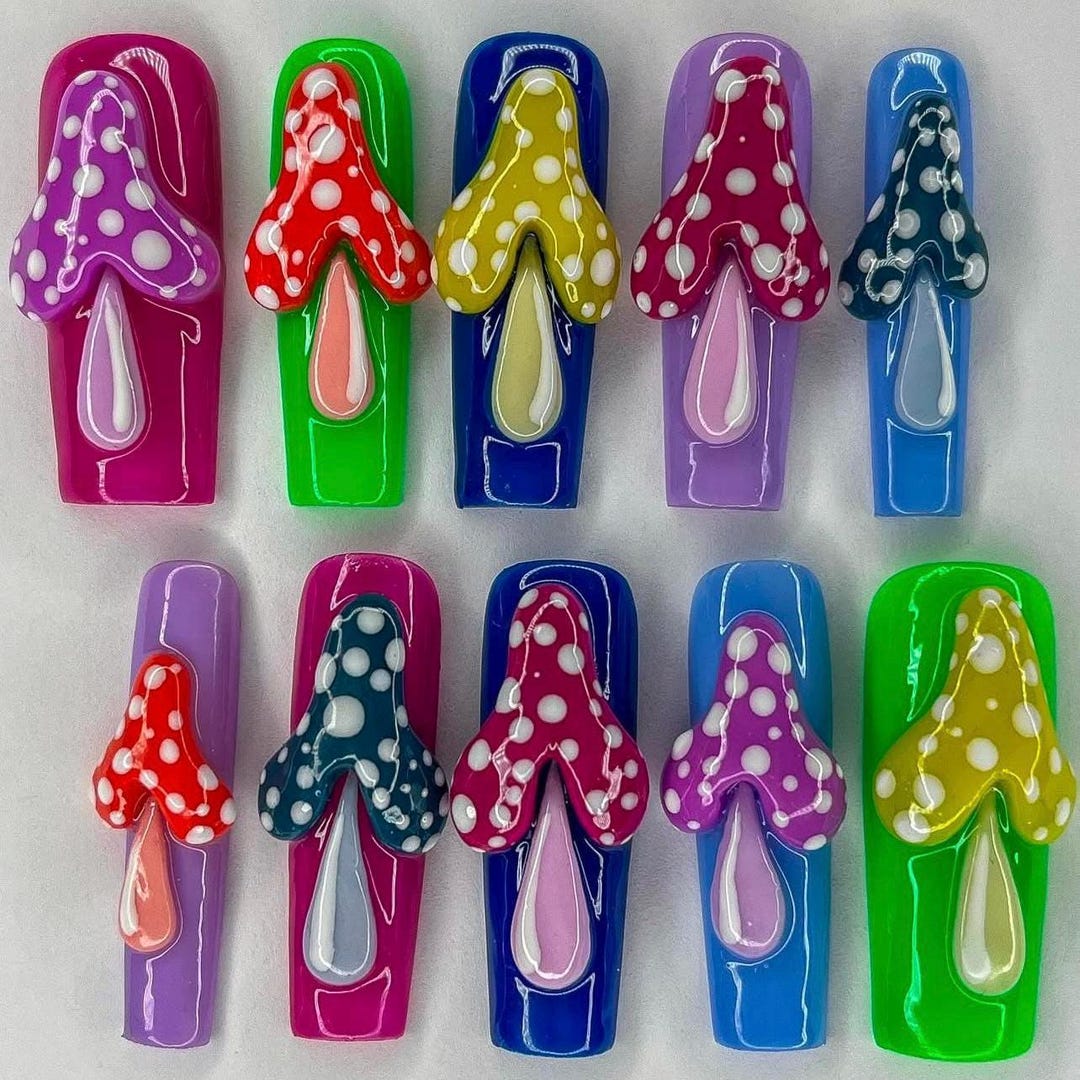 Colorful Grovy Mushrooms Themed Nails| Acrylic Presson Nails - Etsy