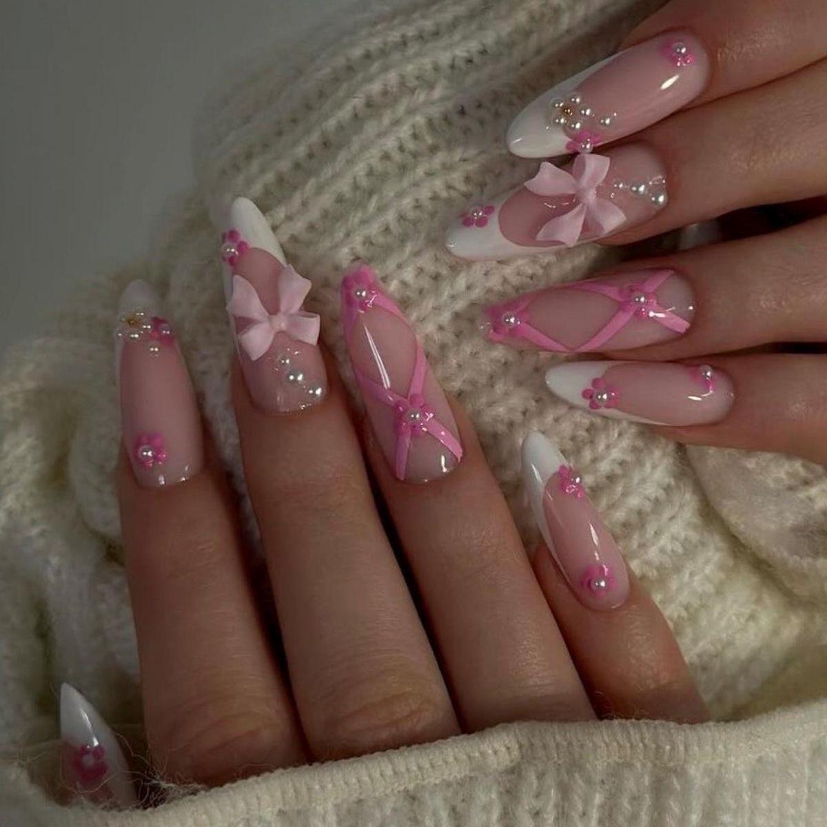 Coquet Pink With Bows Themed Nails| Acrylic Presson Nails - Etsy