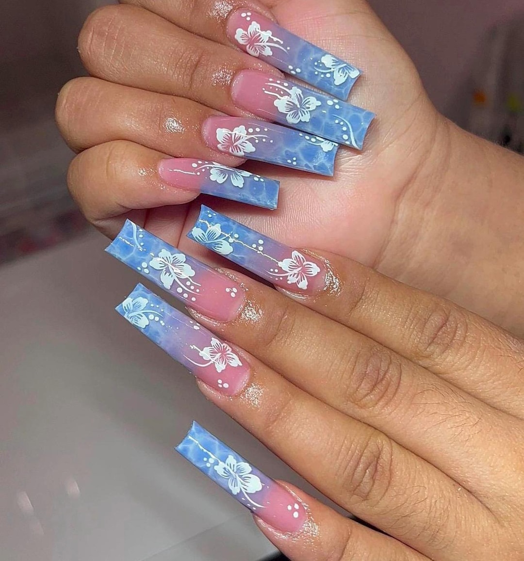 Ocean Water Themed Nails With Flower Art | Acrylic Presson Nails - Etsy