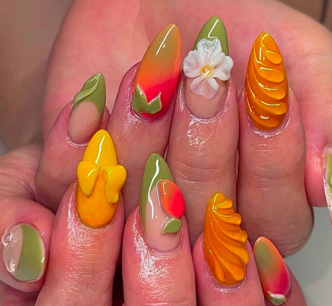 Mango Orange & Green Tropical Summer Nails With 3D Art | Acrylic ...