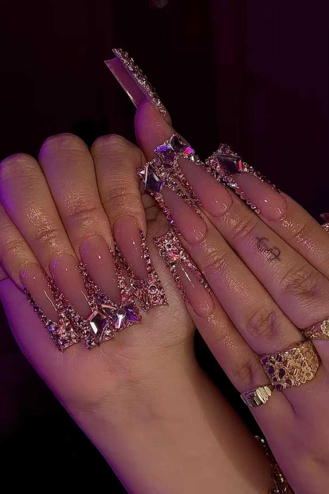 Pink Blinged Out French Tip Nails| Acrylic Presson Nails - Etsy