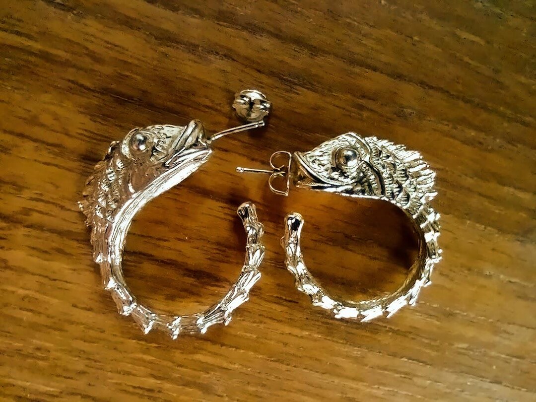 1990s "kissing Fish" Hoop EARRINGS Gold Tone Pierced Goldfish Koi Carp ...
