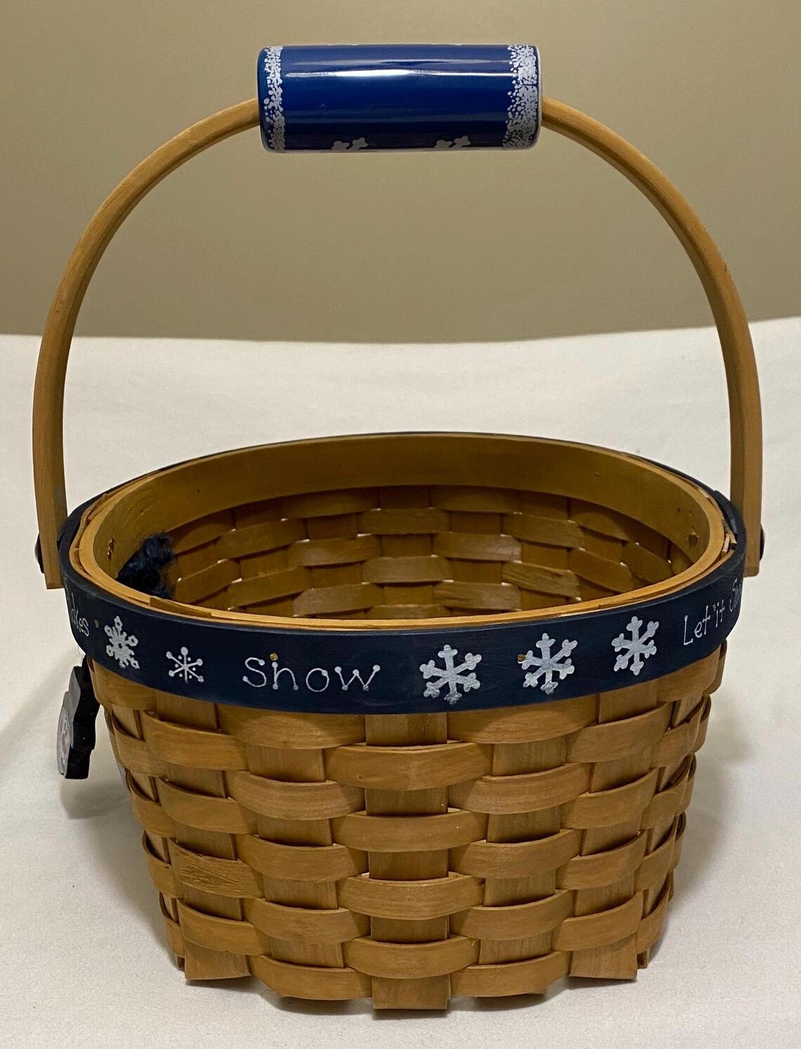 Wicker Basket W/ceramic Handle Let It Snow Snowflakes 2 Dangle Snowmen ...