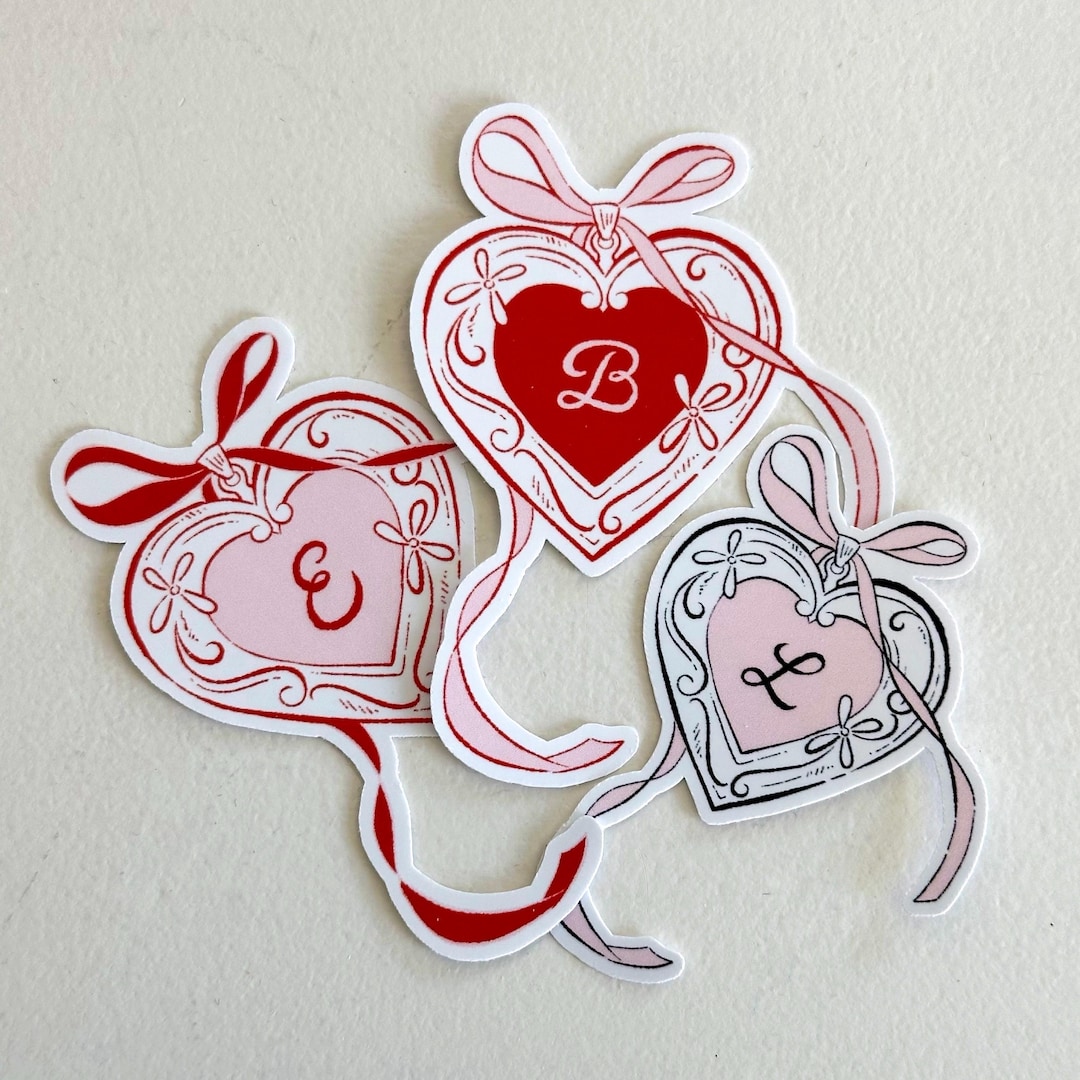 Custom Initial Heart Locket Sticker, Coquette, Hand-drawn, Ribbon ...