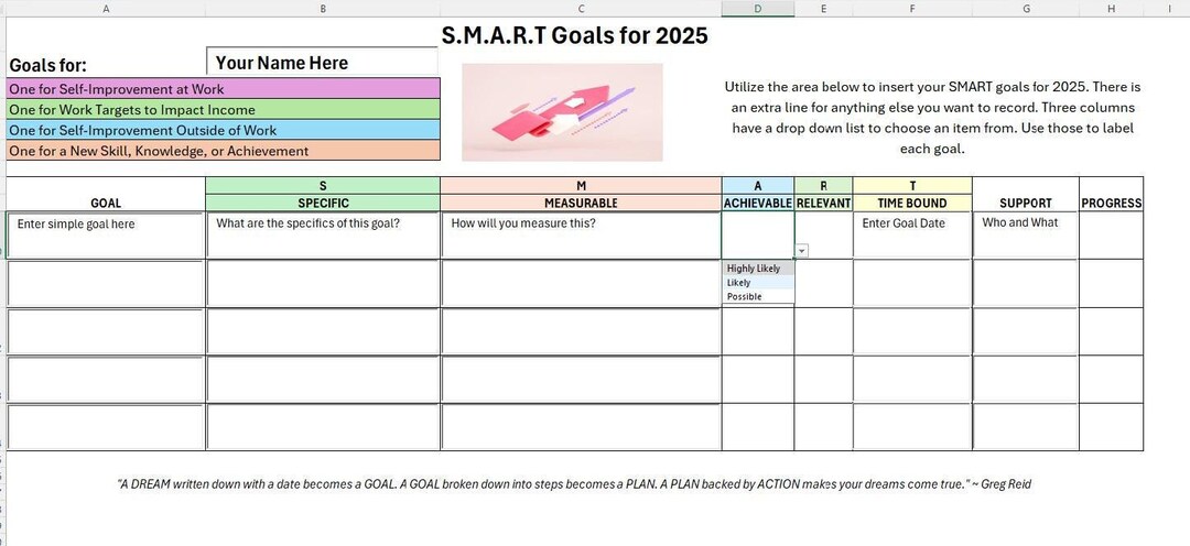 Planilha Excel de metas SMART para 2025 fácil de preencher - Etsy Portugal