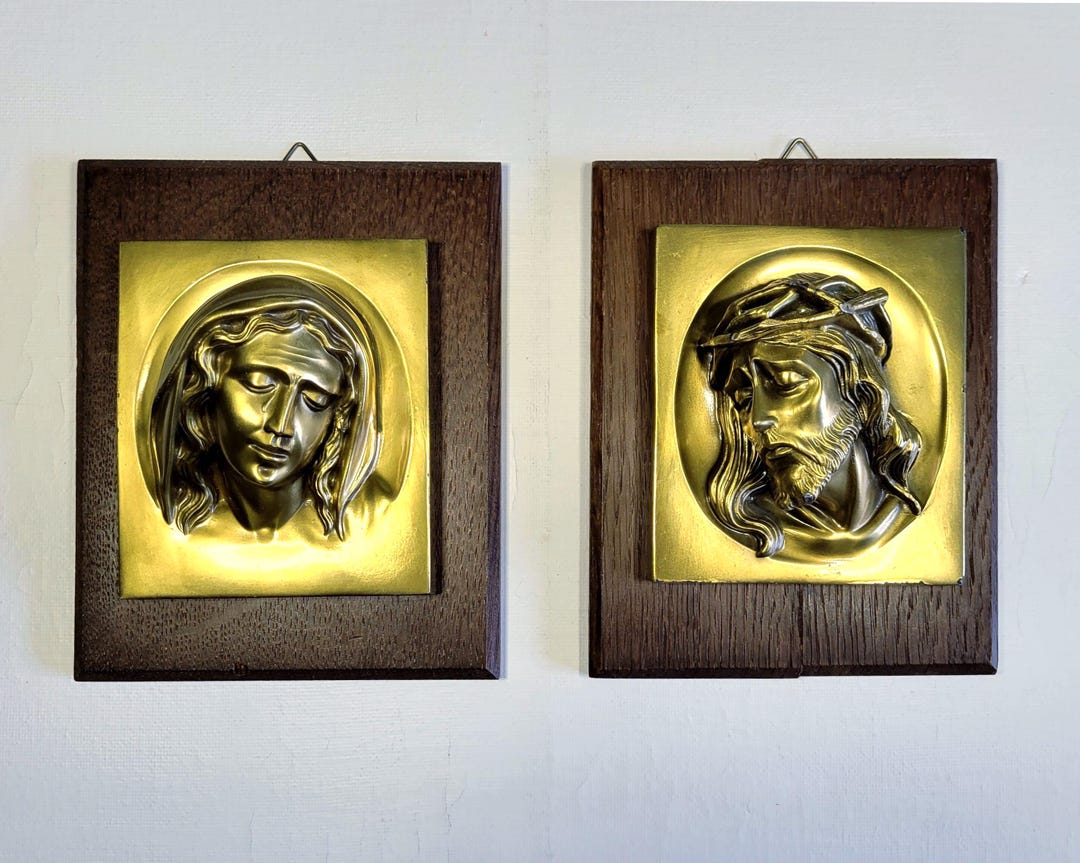 Vintage Brass Jesus and Mary Wall Relief Plaques Mounted on Wood Bases ...