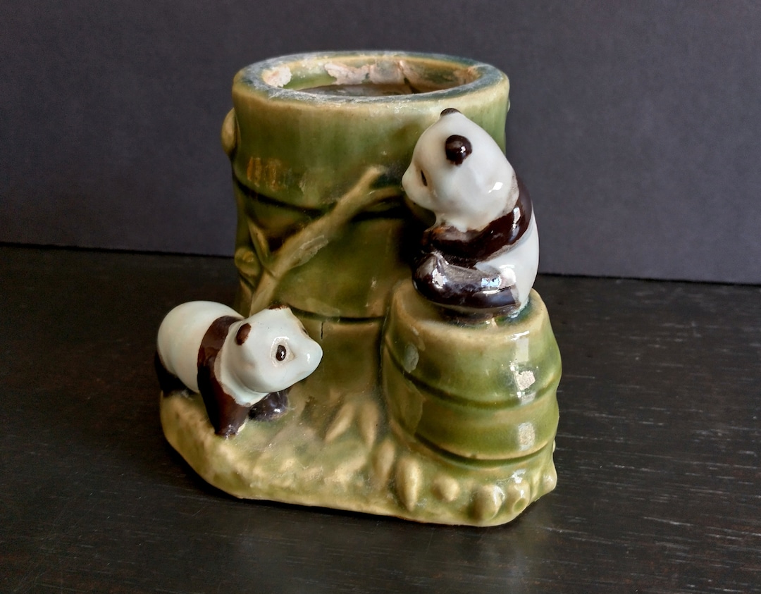 Vintage Pandas With Bamboo Planter or Pot, Glazed Green Ceramic Pot ...