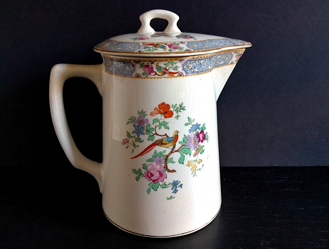 Large Vintage Enamel Pitcher With Flowers and Bird Design, Vintage ...