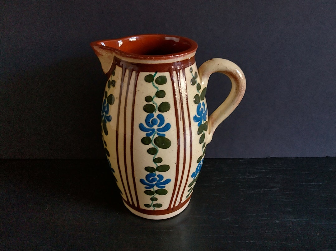 Vintage Hand Painted Glazed Redware Pitcher Vase, Hand Made Pottery ...