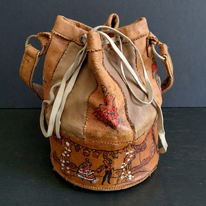Vintage Brown Leather Bucket Bag With Drawstring and Strap, Leather ...