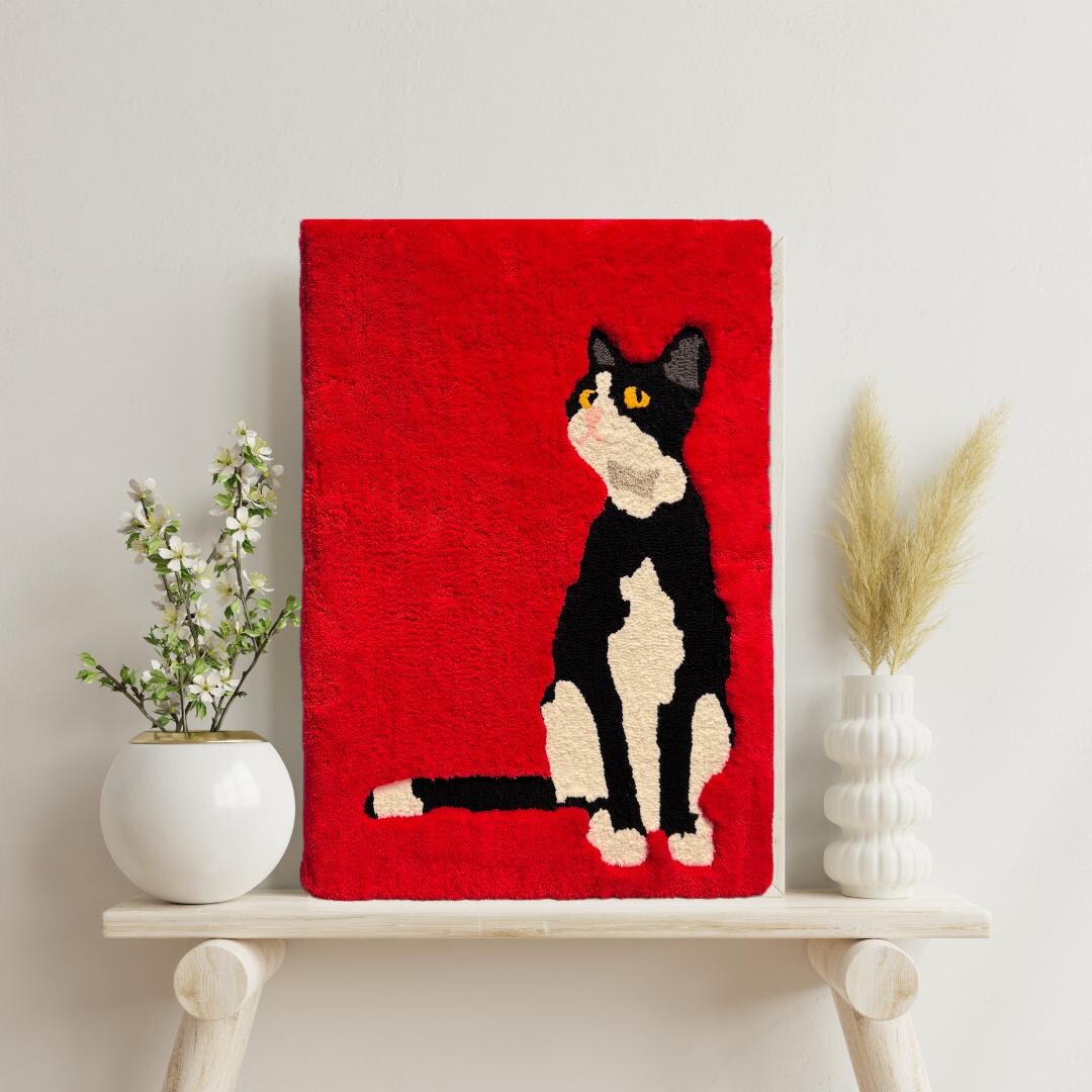 Handmade Tufted Cat Wall Art – Modern Red Tuxedo Cat Rug, Unique Feline ...