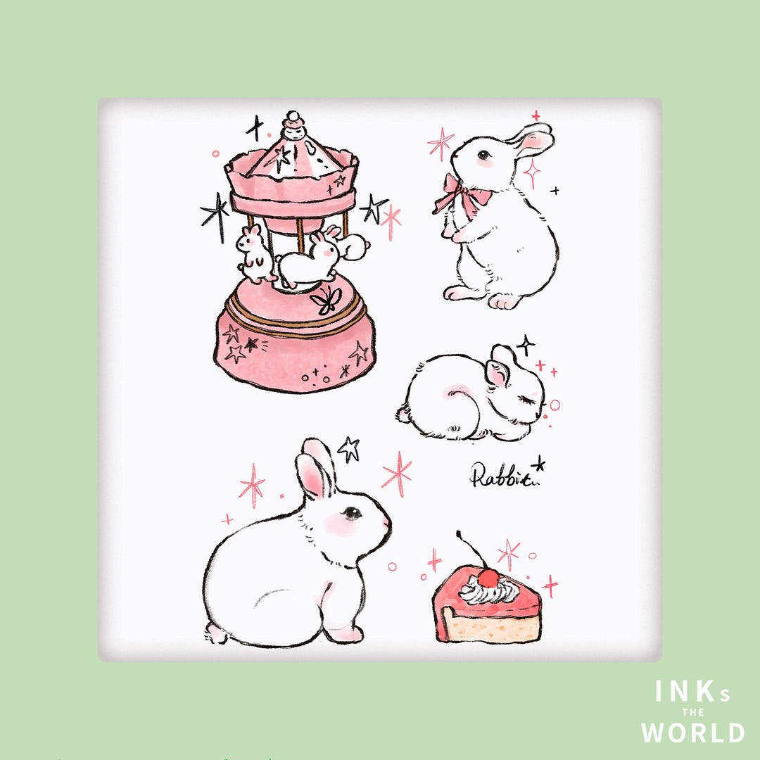 Adorable Rabbit & Carousel Temporary Tattoos Set, Original Design Pink ...