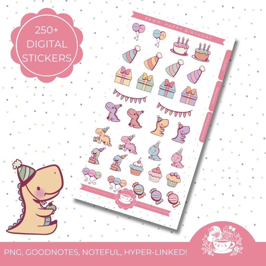 Hand Drawn Digital Sticker Kit - Stomp, Chomp, and Party On! Cute Dino ...
