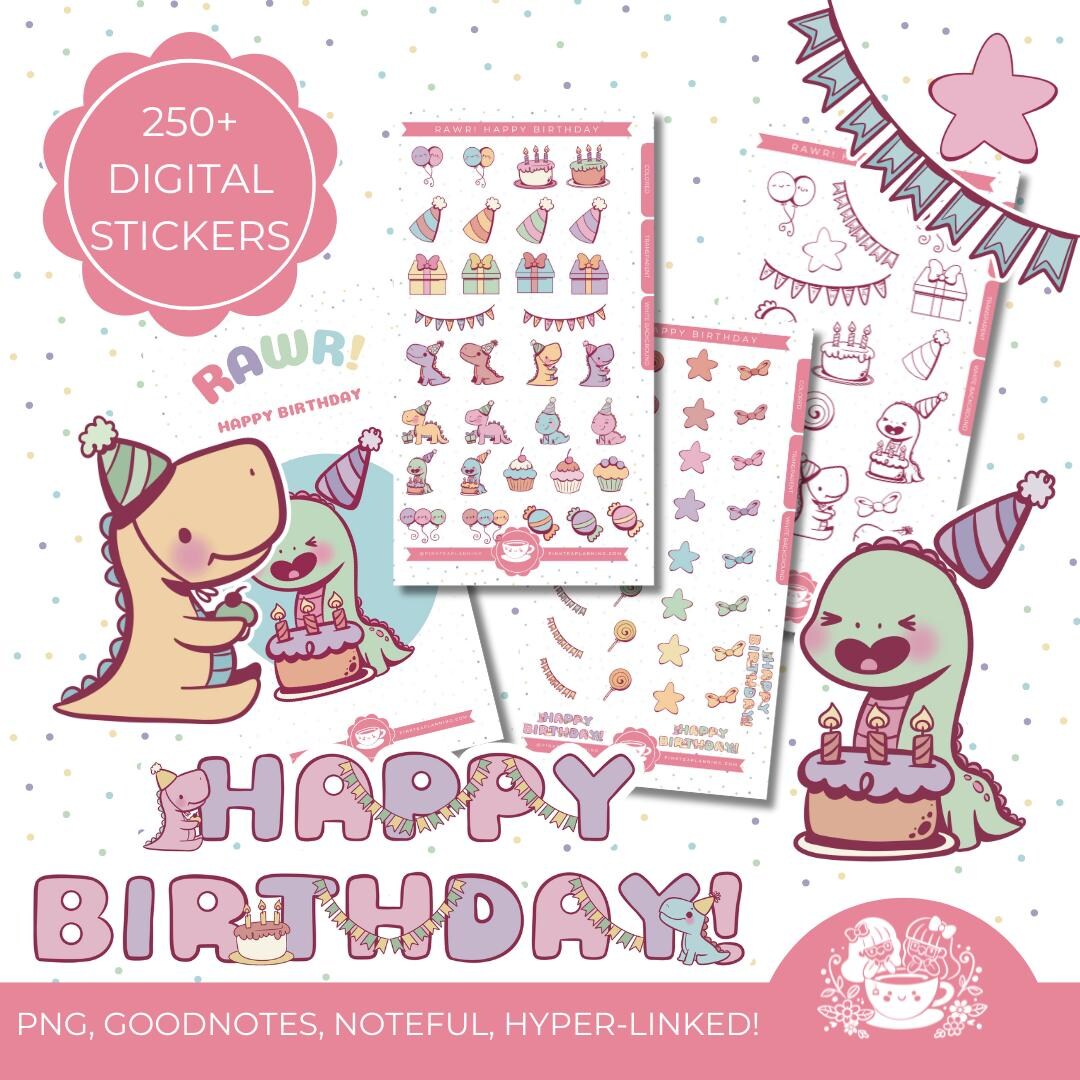 Hand Drawn Digital Sticker Kit - Stomp, Chomp, and Party On! Cute Dino ...