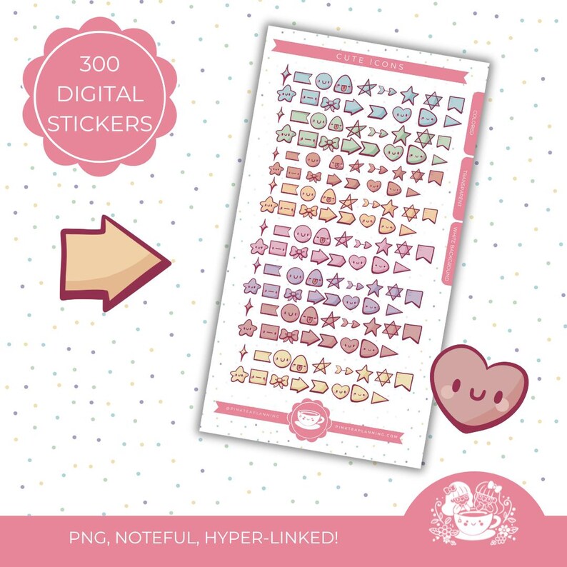 Hand Drawn Digital Sticker Kit - Cute Icons - PNG, Noteful - Etsy