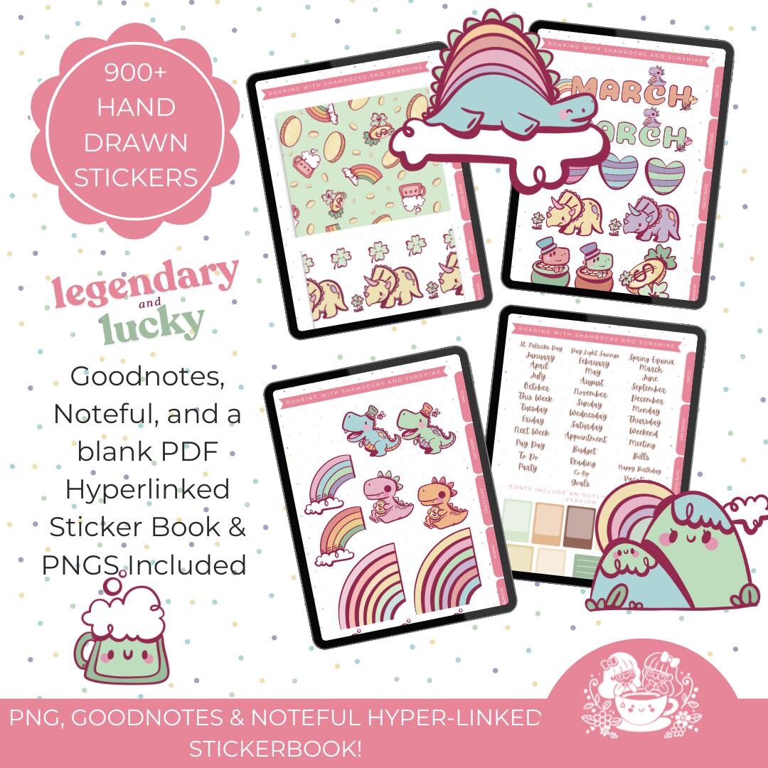 March Digital Sticker Pack Cute Dinosaurs, St. Patricks Day & Rainbows ...