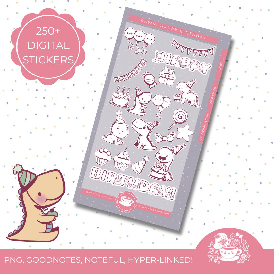 Hand Drawn Digital Sticker Kit - Stomp, Chomp, and Party On! Cute Dino ...