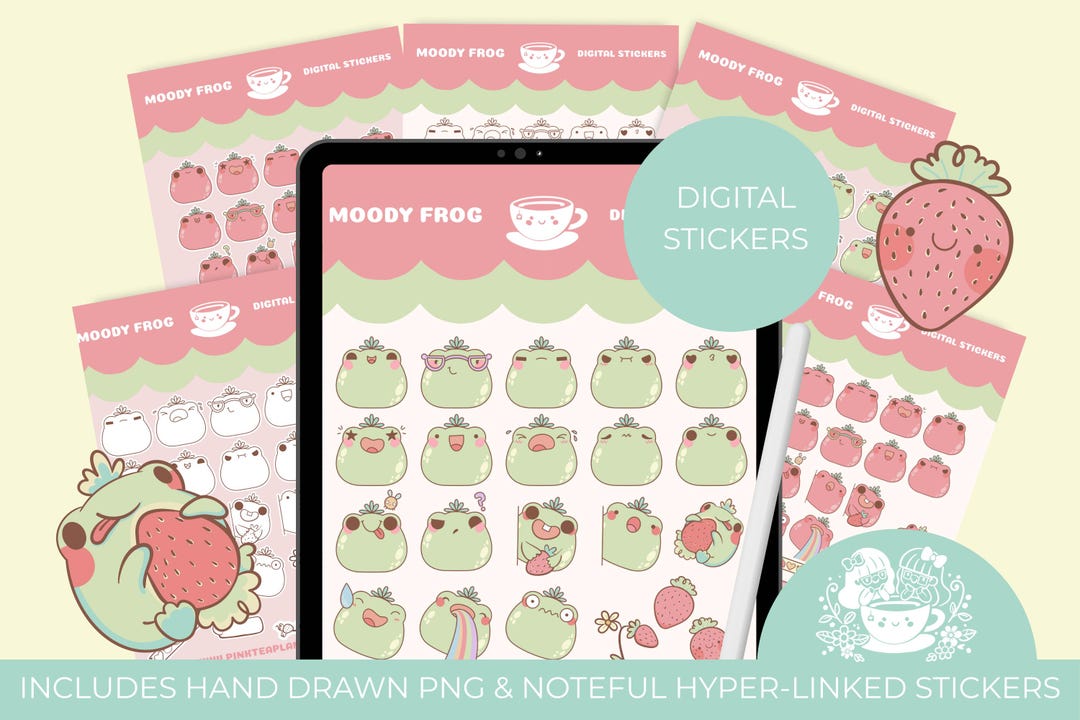 Moody Frog Digital Sticker Pack – Strawberry Edition | Kawaii Frog ...