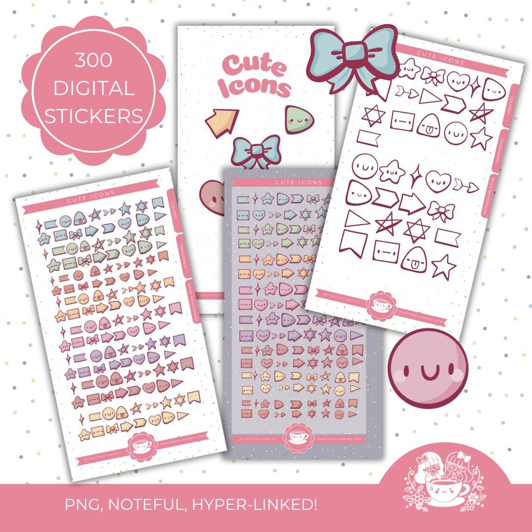 Hand Drawn Digital Sticker Kit - Cute Icons - PNG, Noteful - Etsy