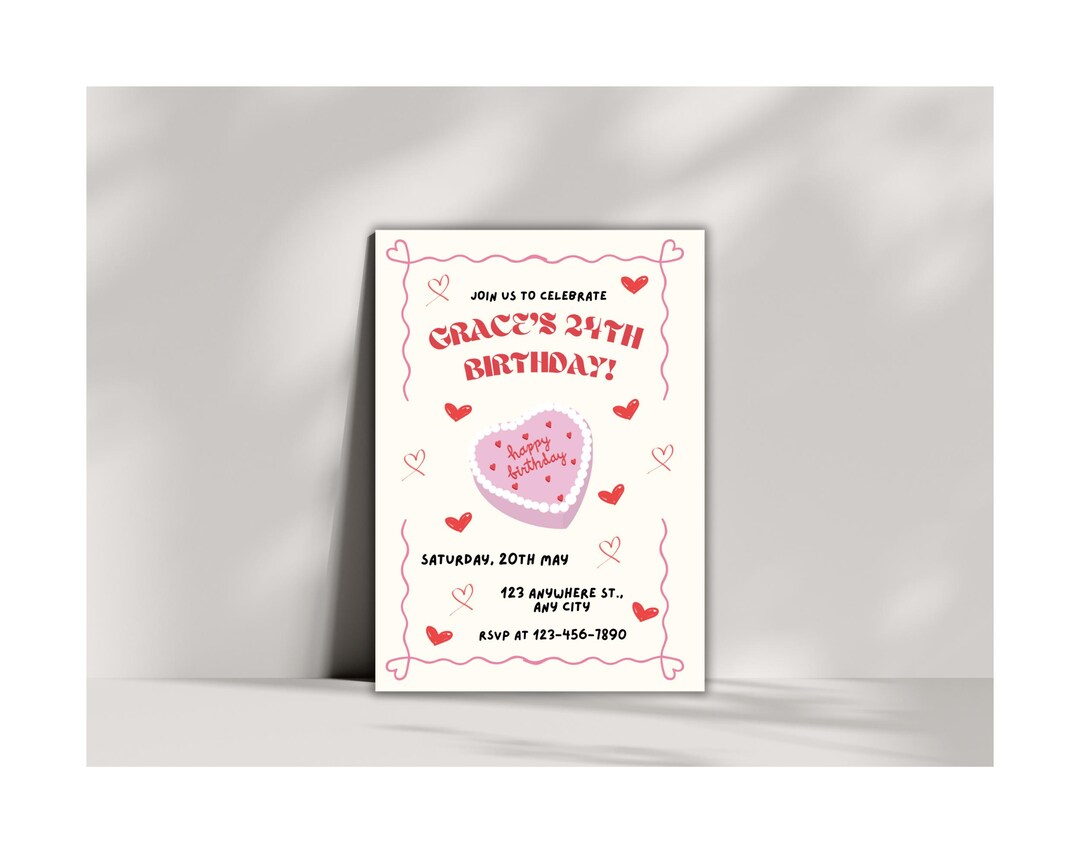Editable Retro Red and Pink Heart Birthday Invitation - Etsy