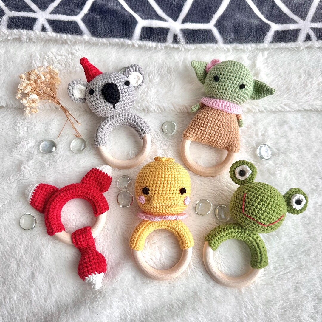 Handmade Crochet Baby Rattle With Wooden Ring: Frog, Fox, Koala - Etsy