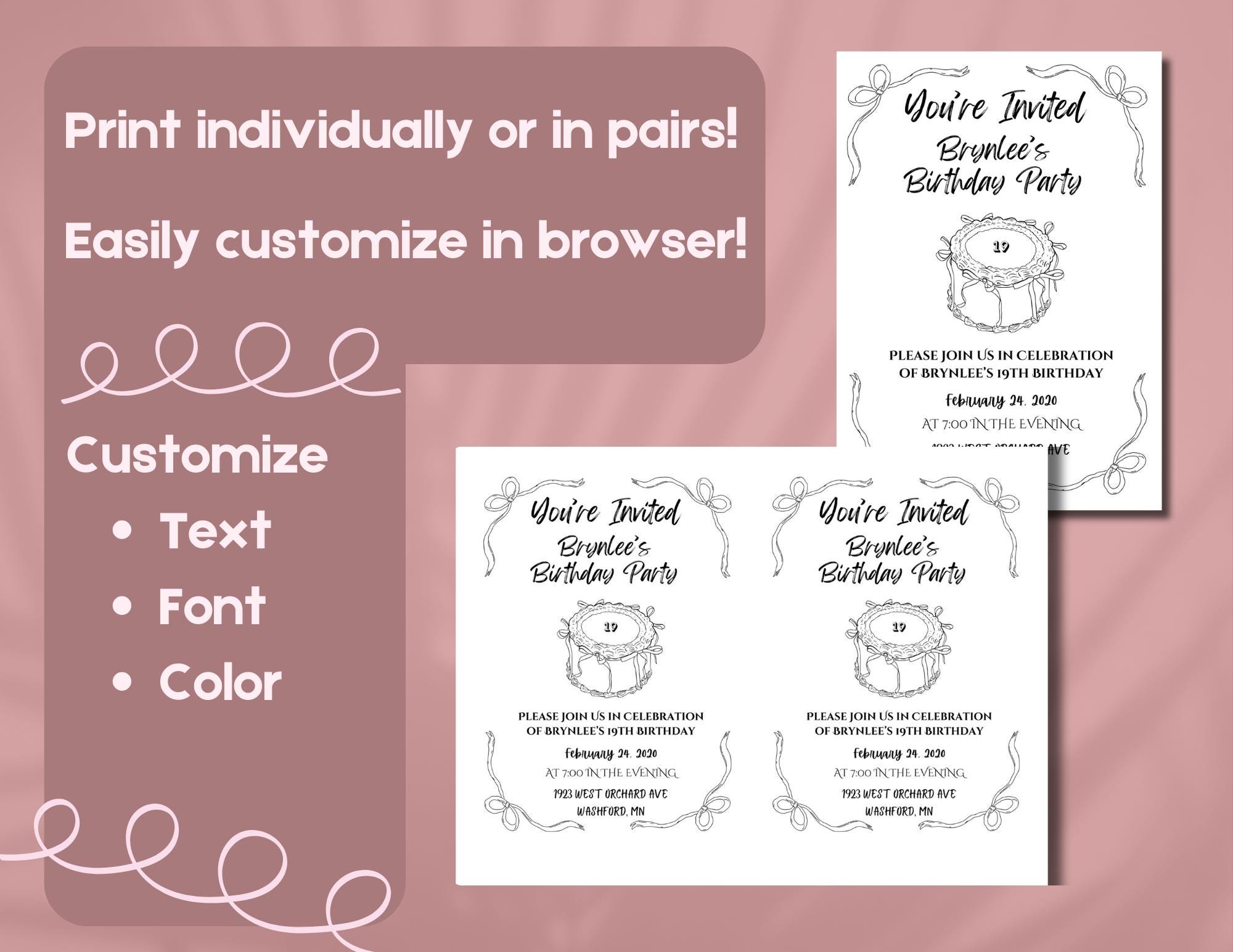 Editable Black White Vintage Cake Birthday Party Invitation Bow Cursive ...