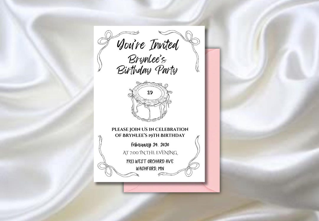 Editable Black White Vintage Cake Birthday Party Invitation Bow Cursive ...