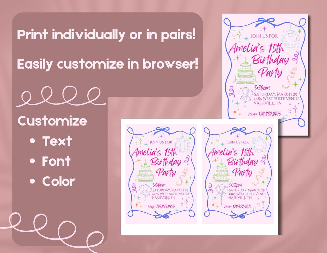Editable Colorful Doodle Invitation Light Pink Tween Teen Birthday ...