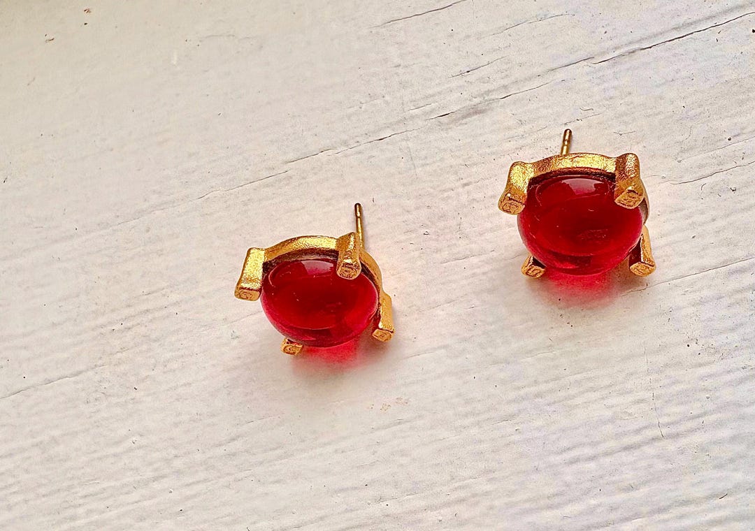Cecile Jeanne Vintage French Designer Ruby Red Gold Plated Earrings - Etsy