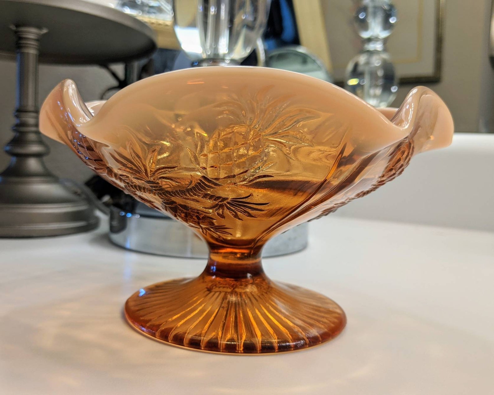 Vintage Fenton Glass Bowl Dish Amber Makers Mark Butterfly Dated 1979 ...