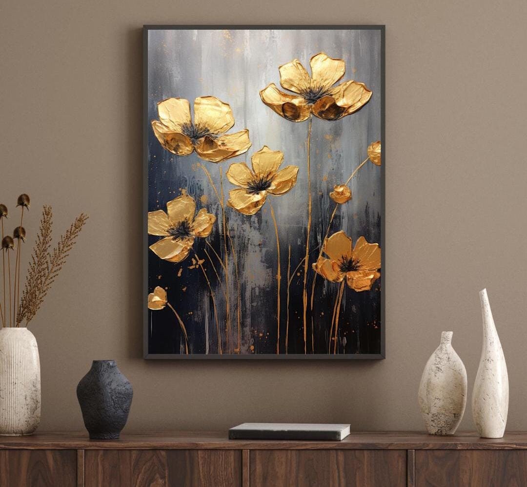 Abstract Gold Floral Digital Wall Art, Elegant Black and Gold Flowers ...