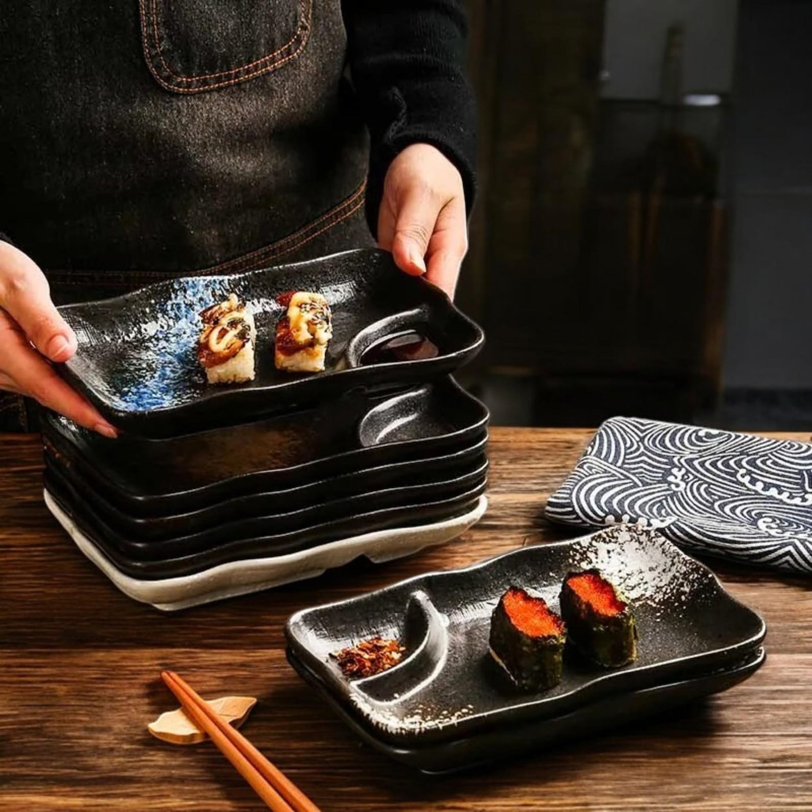 Japanese Ceramic Sushi Plate With Sauce Compartment Rectangular Serving ...