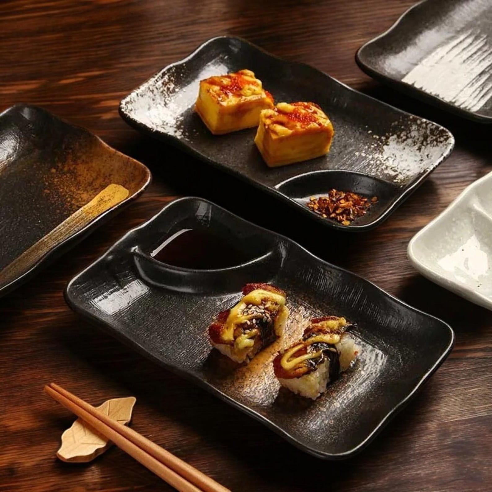 Japanese Ceramic Sushi Plate With Sauce Compartment Rectangular Serving ...