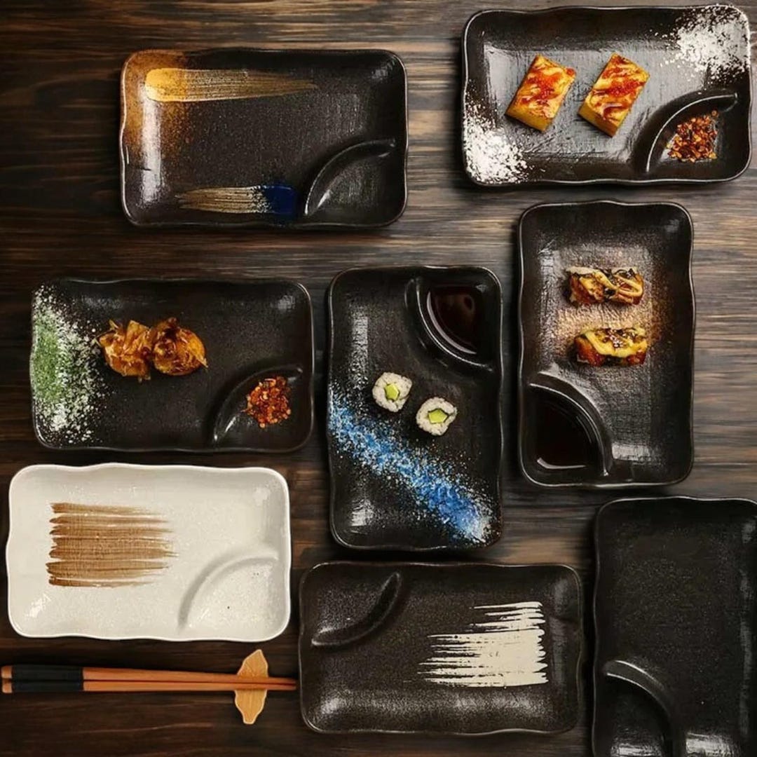 Japanese Ceramic Sushi Plate With Sauce Compartment Rectangular Serving ...
